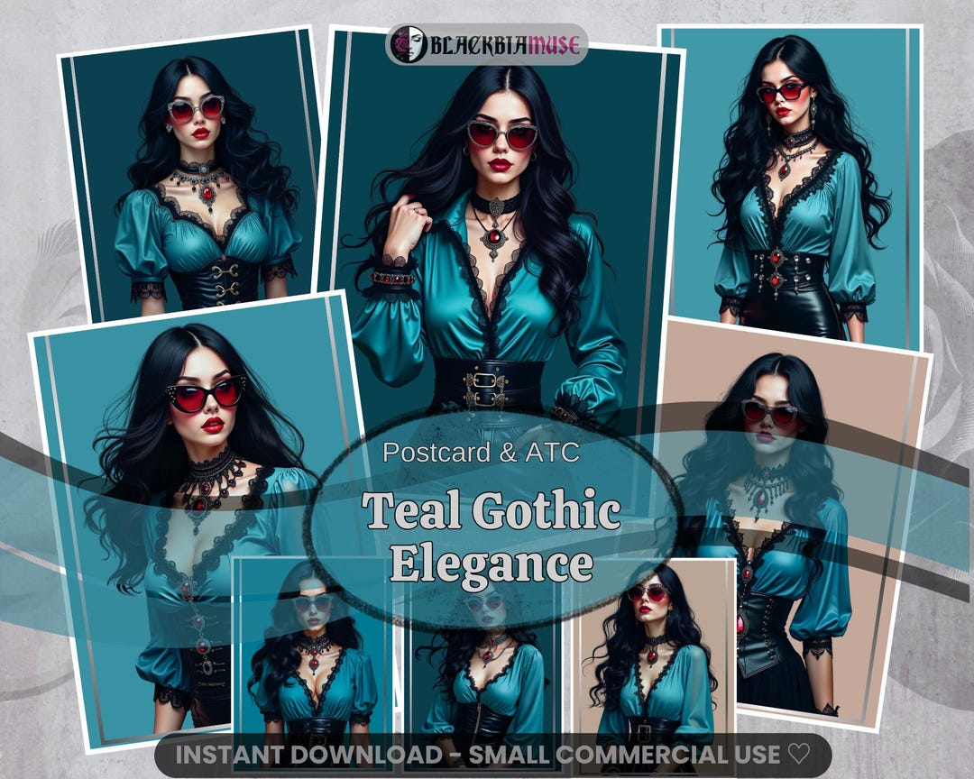Gothic Teal Lady Portraits Digital Ephemera ATC Cards Junk Journal ...