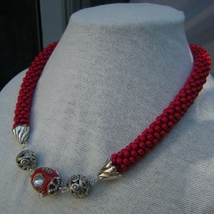 Crocheted Beaded Bright Red Silver Necklace/choker With Silver Red ...