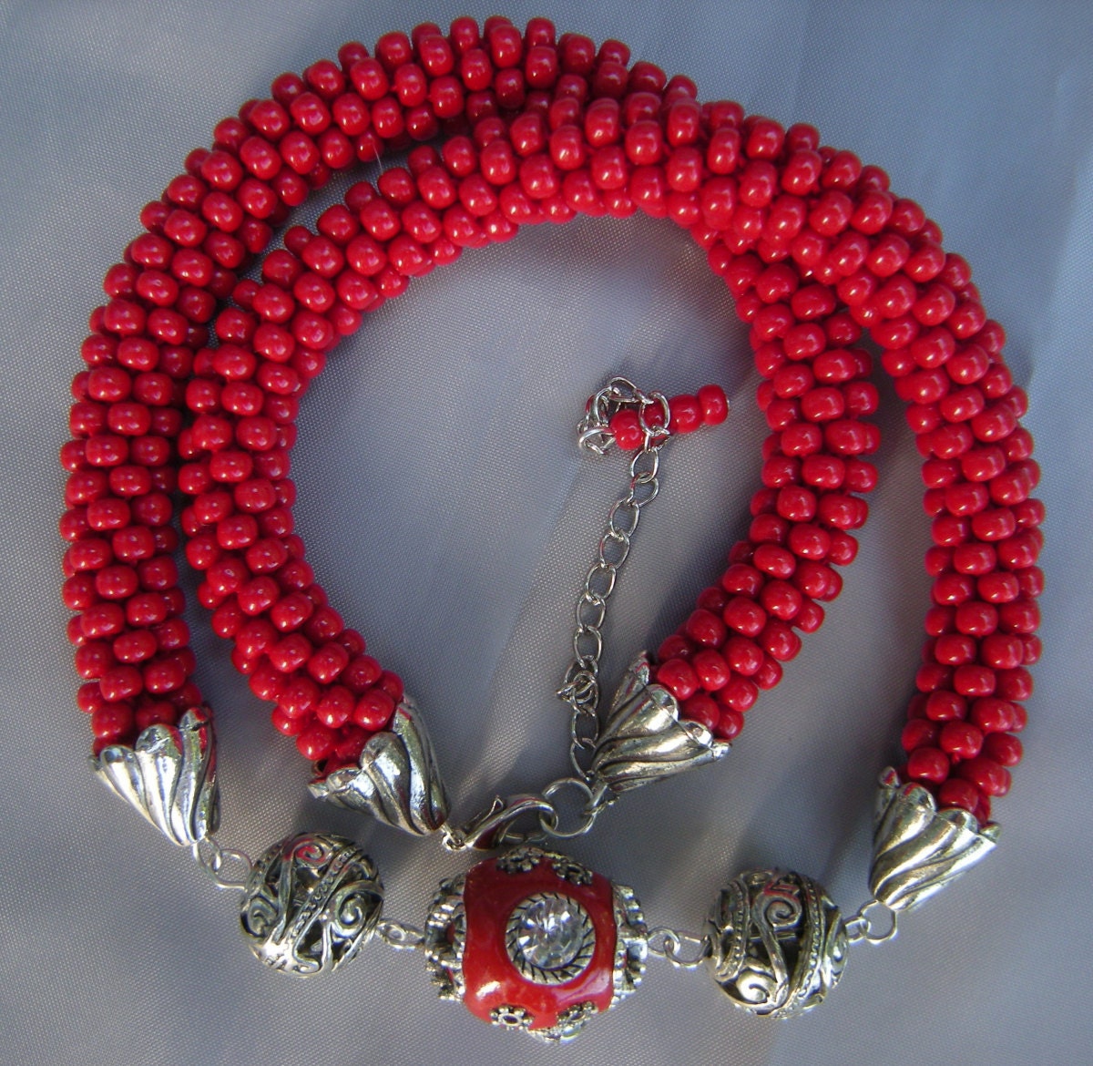 Crocheted Beaded Bright Red Silver Necklace/choker With Silver Red ...