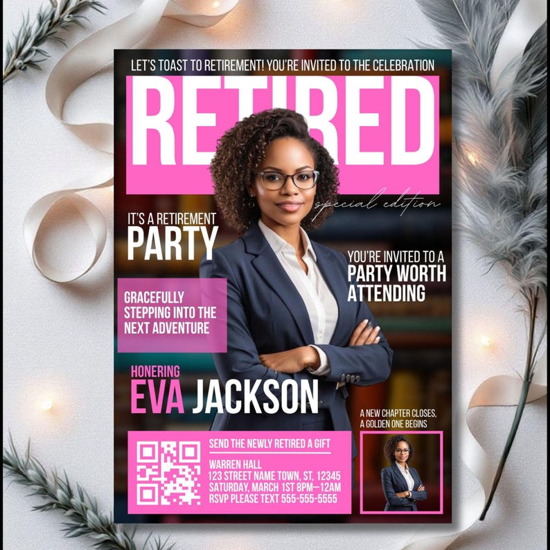 Retirement Party Invitation for Her, Digital Magazine Cover Flyer ...