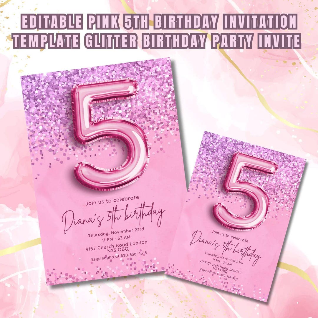 Pink Glitter 5th Birthday Invitation Template (digital Download) - Etsy