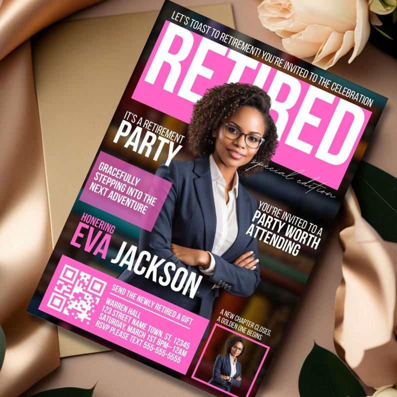 Retirement Party Invitation for Her, Digital Magazine Cover Flyer ...