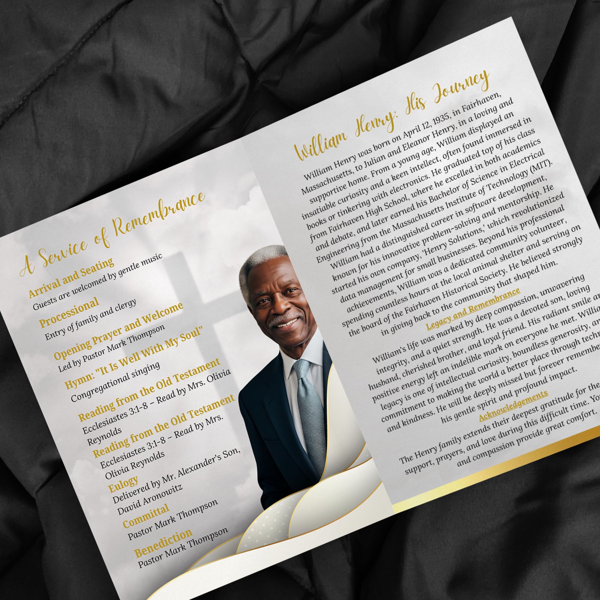 White Gold Funeral Program Template: Elegant Memorial, Celebration of ...