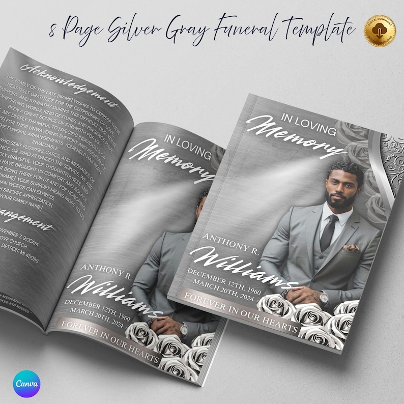 Elegant Silver Gray Funeral Program Template: 8-page Obituary (PDF ...