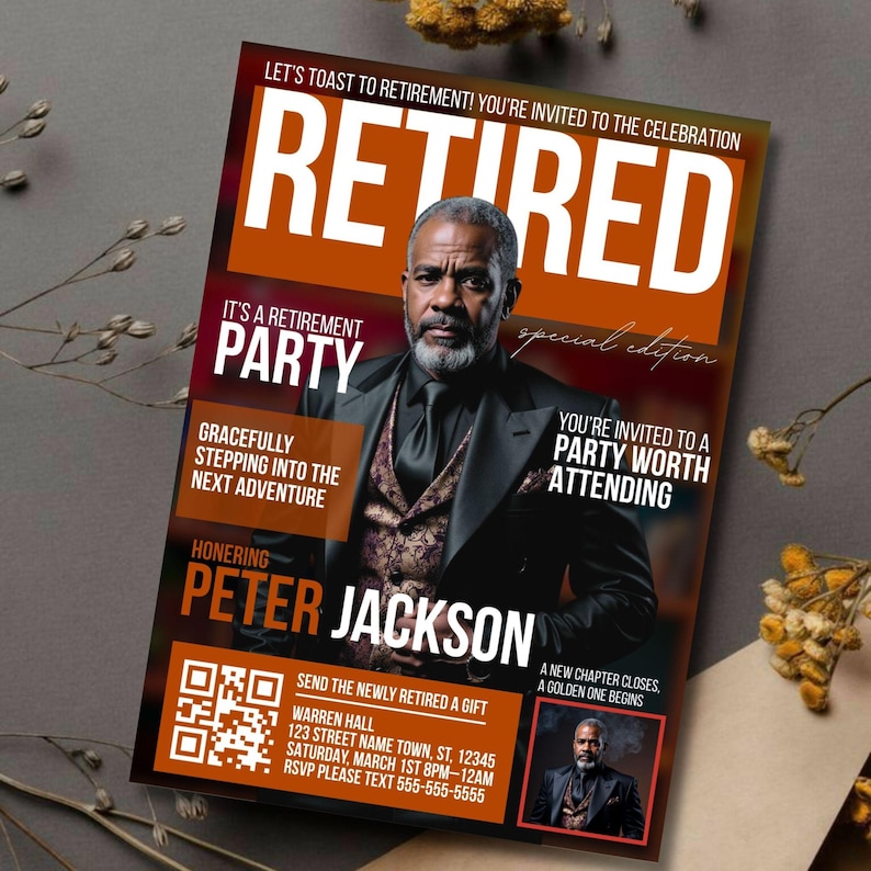 Retirement Party Invitation for Him, Digital Magazine Cover Flyer ...