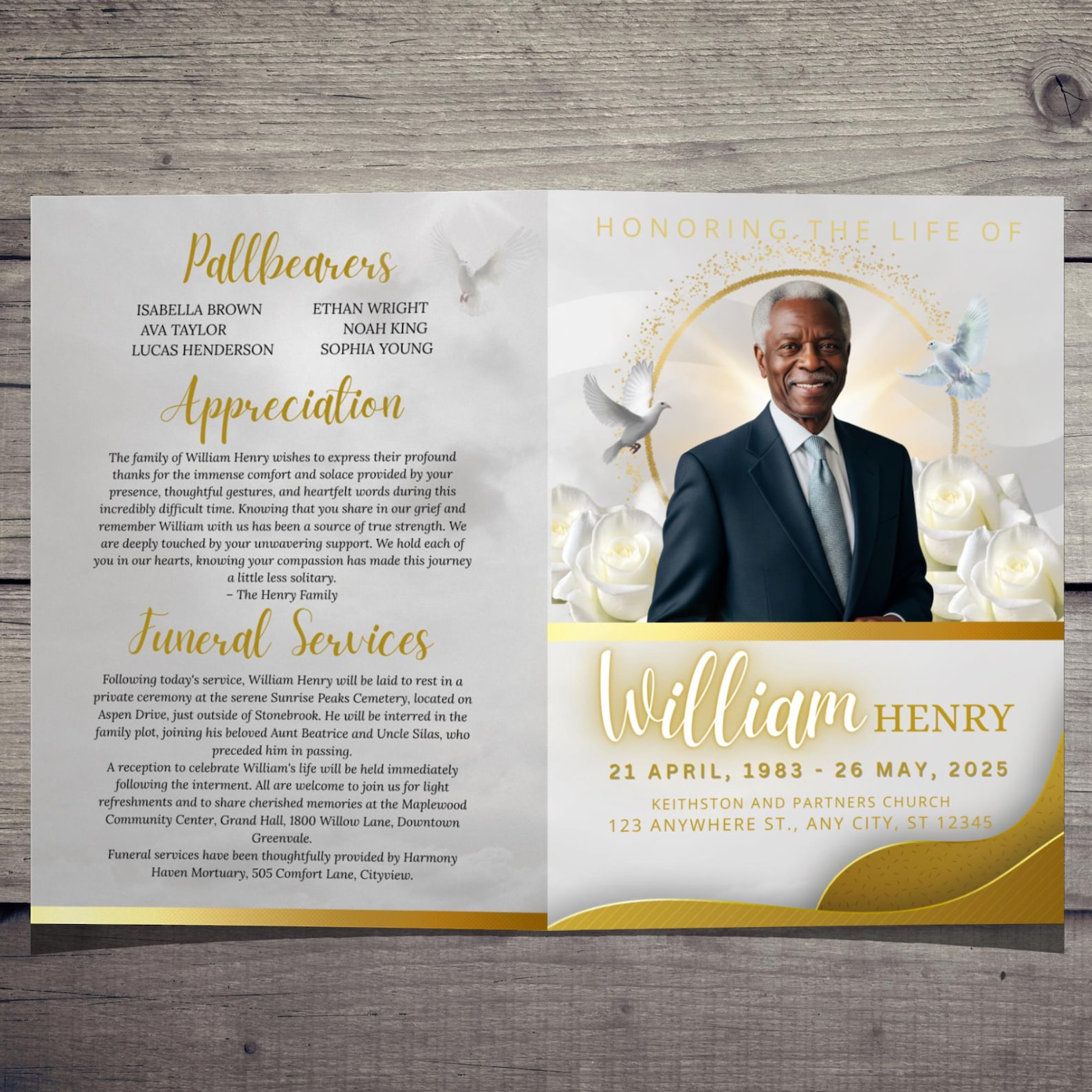 White Gold Funeral Program Template: Elegant Memorial, Celebration of ...