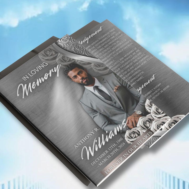 Elegant Silver Gray Funeral Program Template: 8-page Obituary (PDF ...