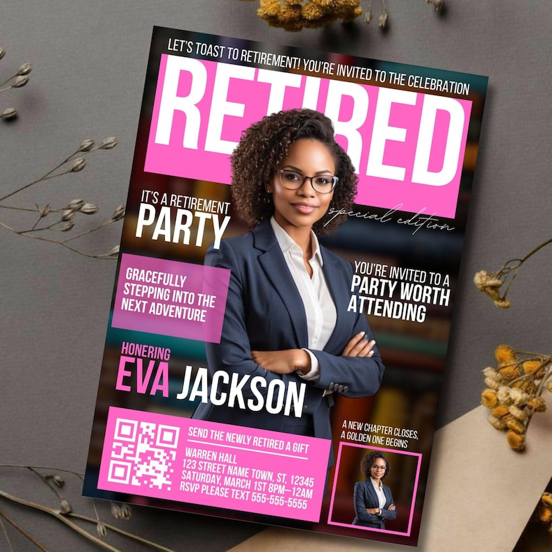 Retirement Party Invitation for Her, Digital Magazine Cover Flyer Invite, Teacher DIY Template ...