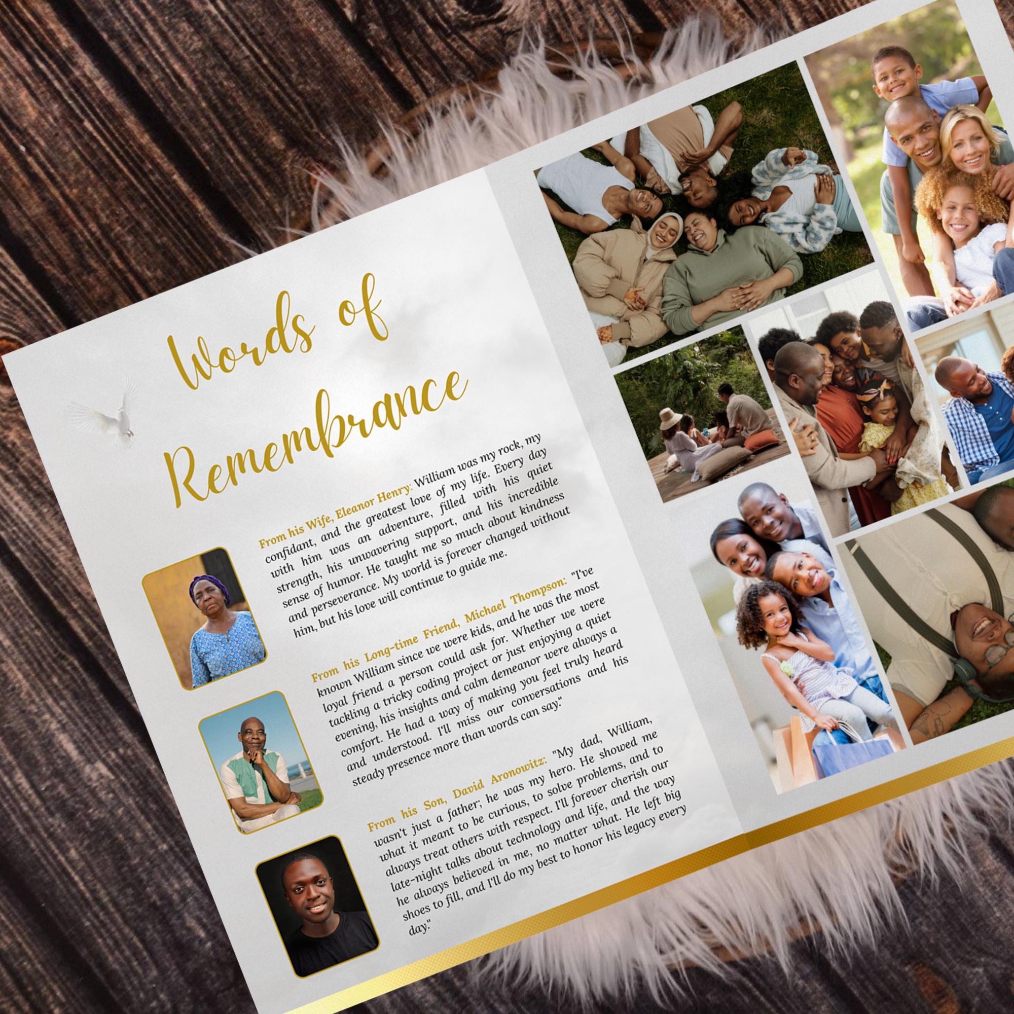 White Gold Funeral Program Template: Elegant Memorial, Celebration of ...