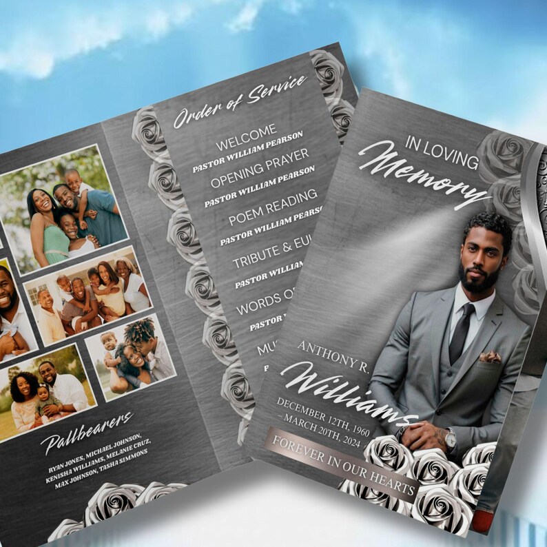 Elegant Silver Gray Funeral Program Template: 8-page Obituary (PDF ...