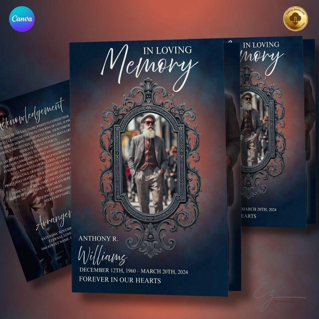 Blue & Orange Funeral Program Template: 8-page Bi-fold (digital ...
