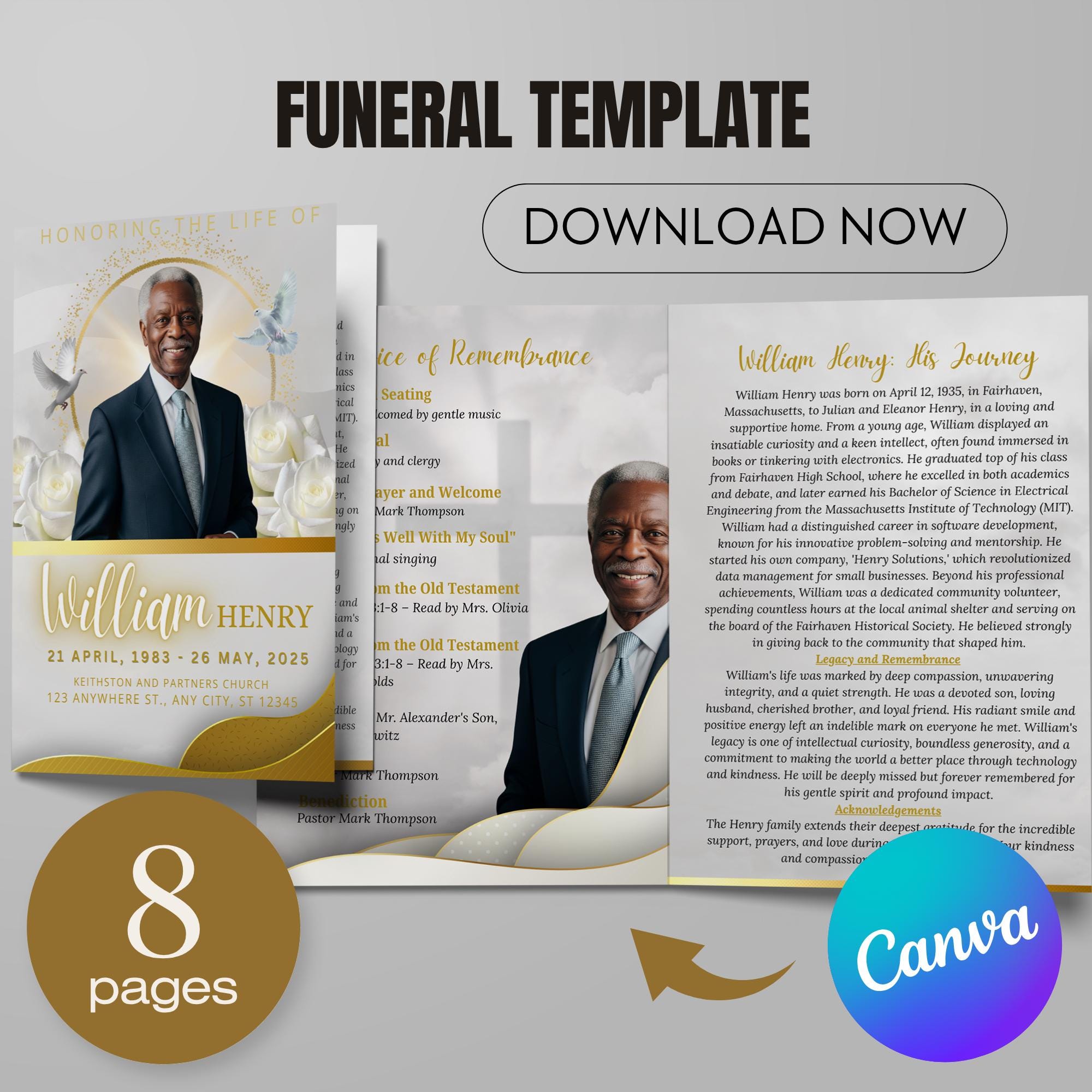 White Gold Funeral Program Template: Elegant Memorial, Celebration of ...
