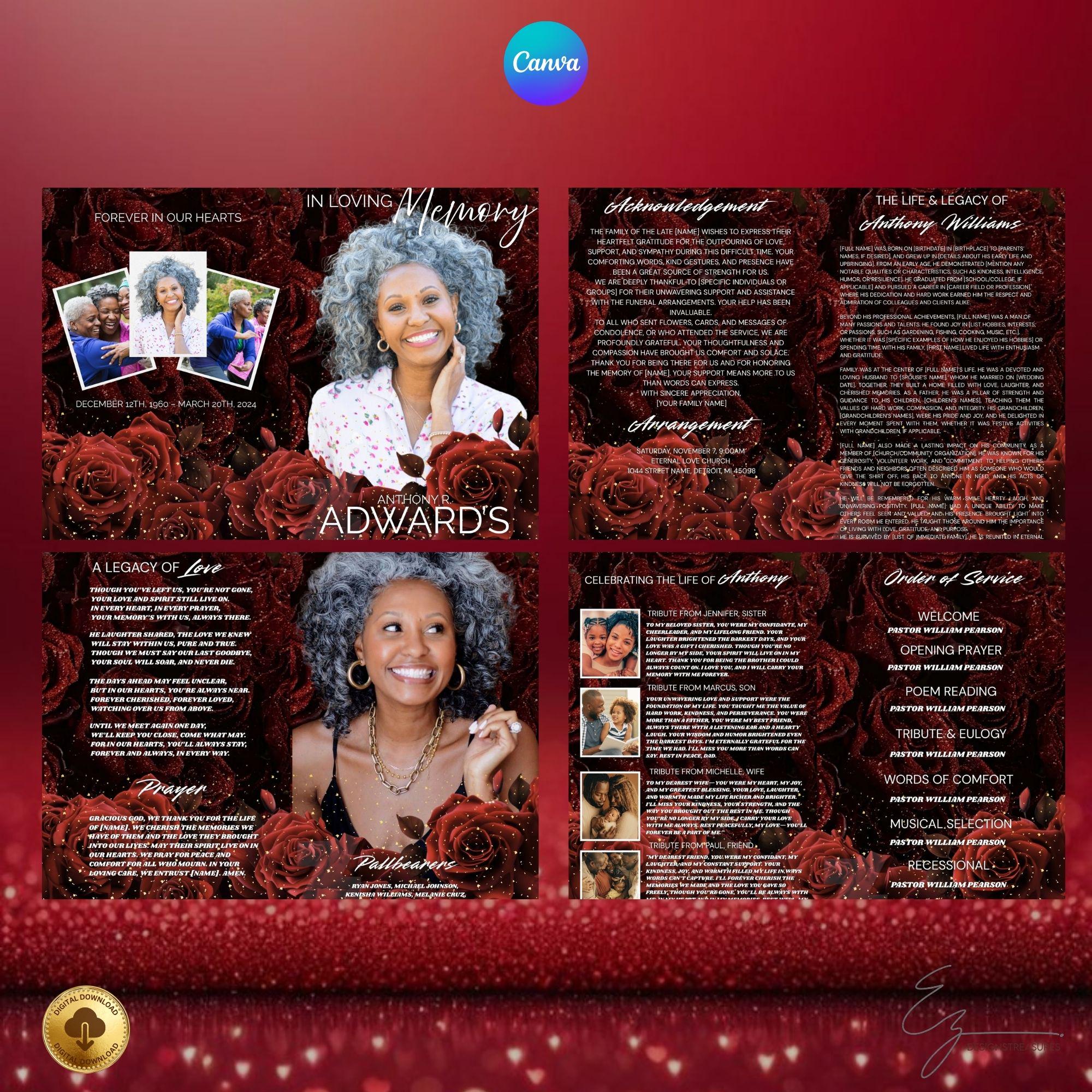 Red Roses Funeral Program: 8-page Celebration of Life Obituary (canva ...