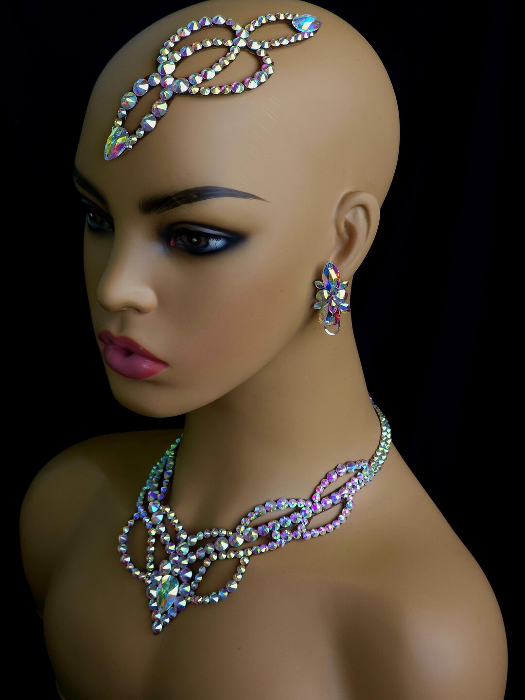 Crystals AB Ballroom Dance Jewelry Set: Necklace, Earrings, Hair Piece ...