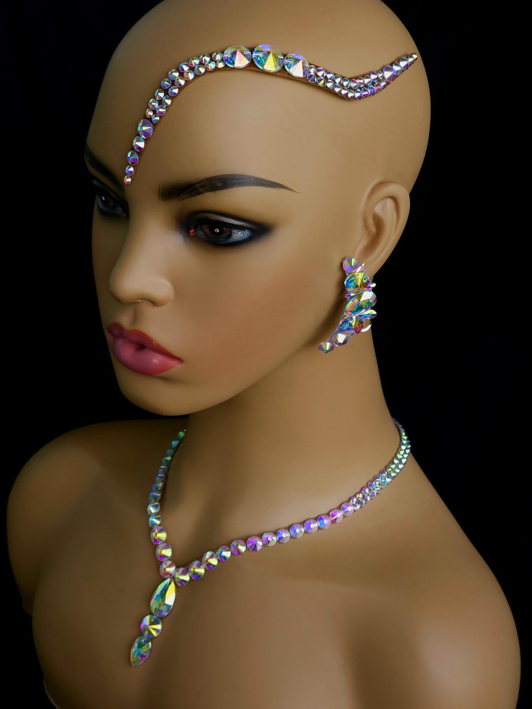 Crystals AB Ballroom Dance Jewelry Set: Necklace, Earrings, Hair Piece ...