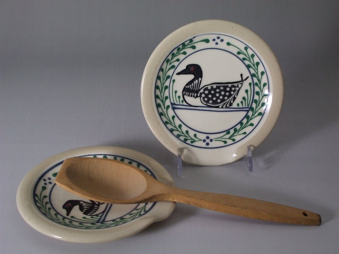 Spoon Rest Loon With Green Accents on White Background - Stoneware ...