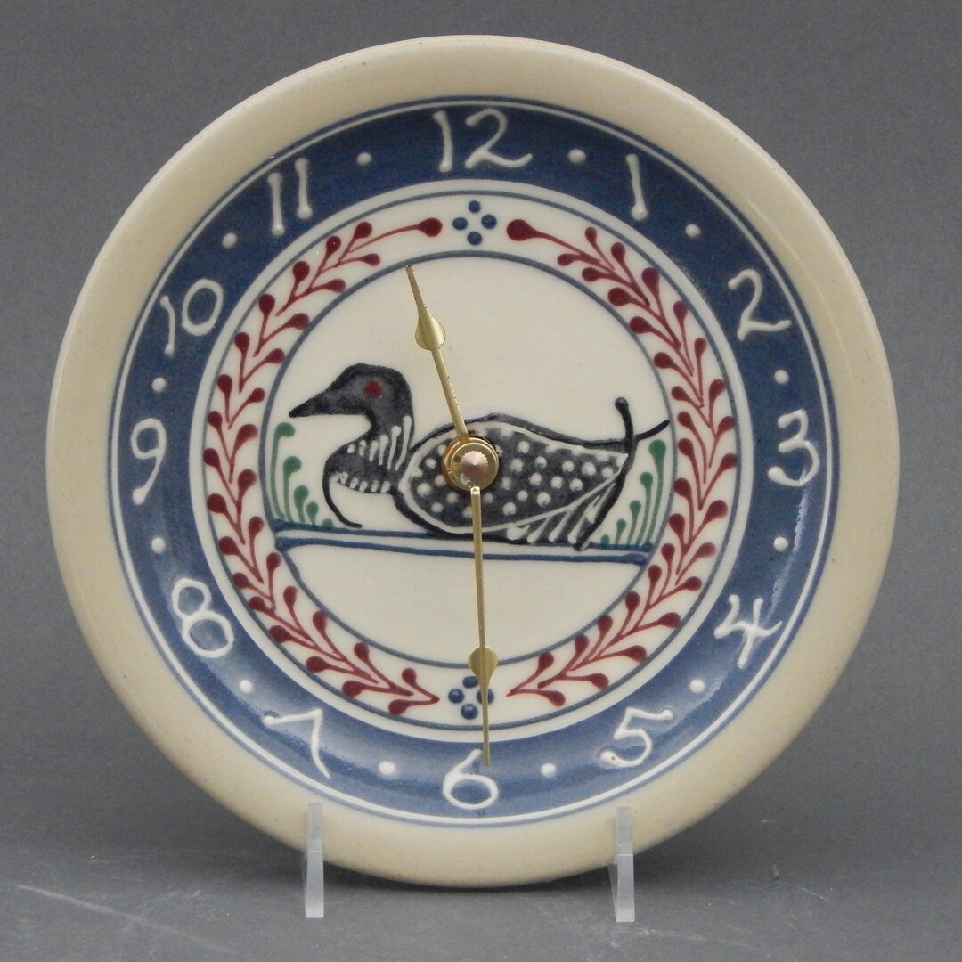 7" Small Stoneware Clock Loon Design With Red Accents - Stoneware ...