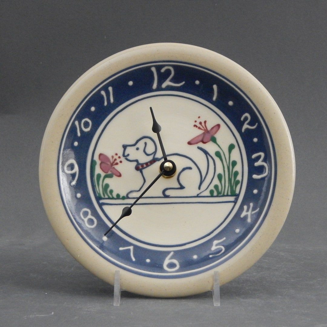 7" Small Stoneware Clock Blue Dog With Flowers - Stoneware Pottery - Etsy