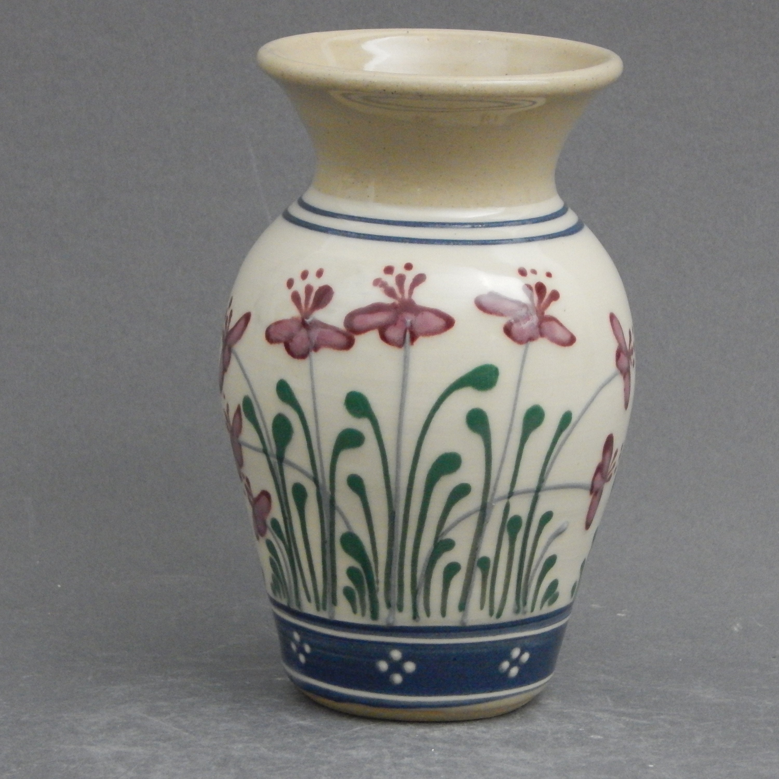 Small Stoneware Vase Red and Pink Flowers With Blue Banding | Etsy