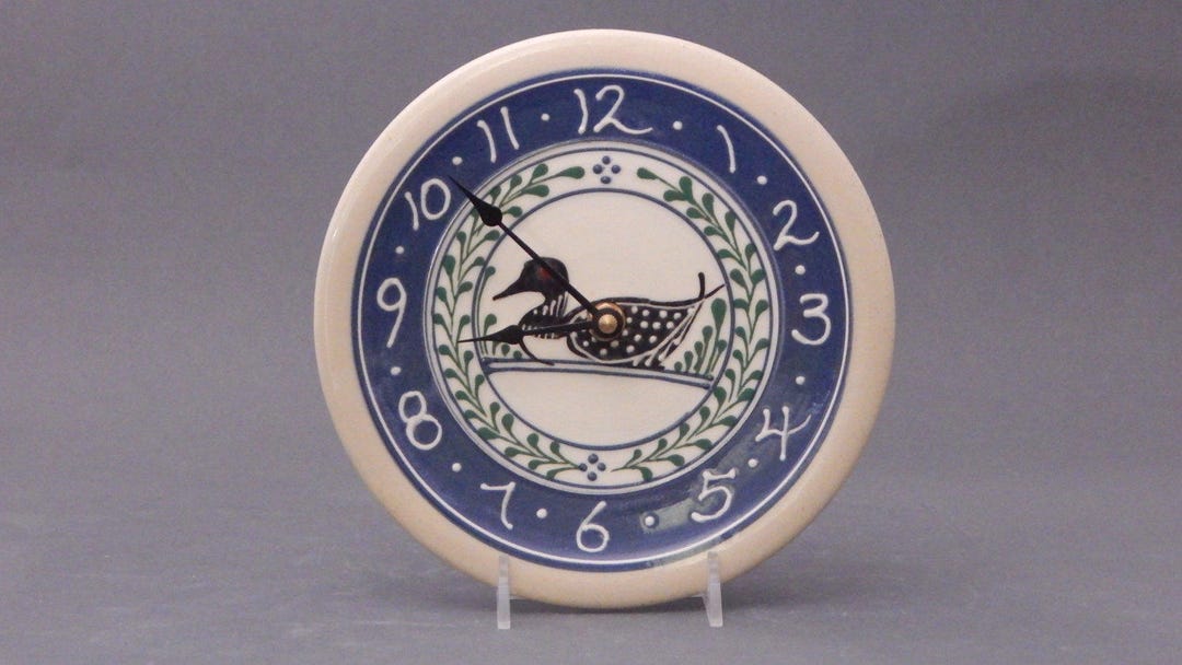 7" Small Stoneware Clock Loon Design With Green Accents- Stoneware ...