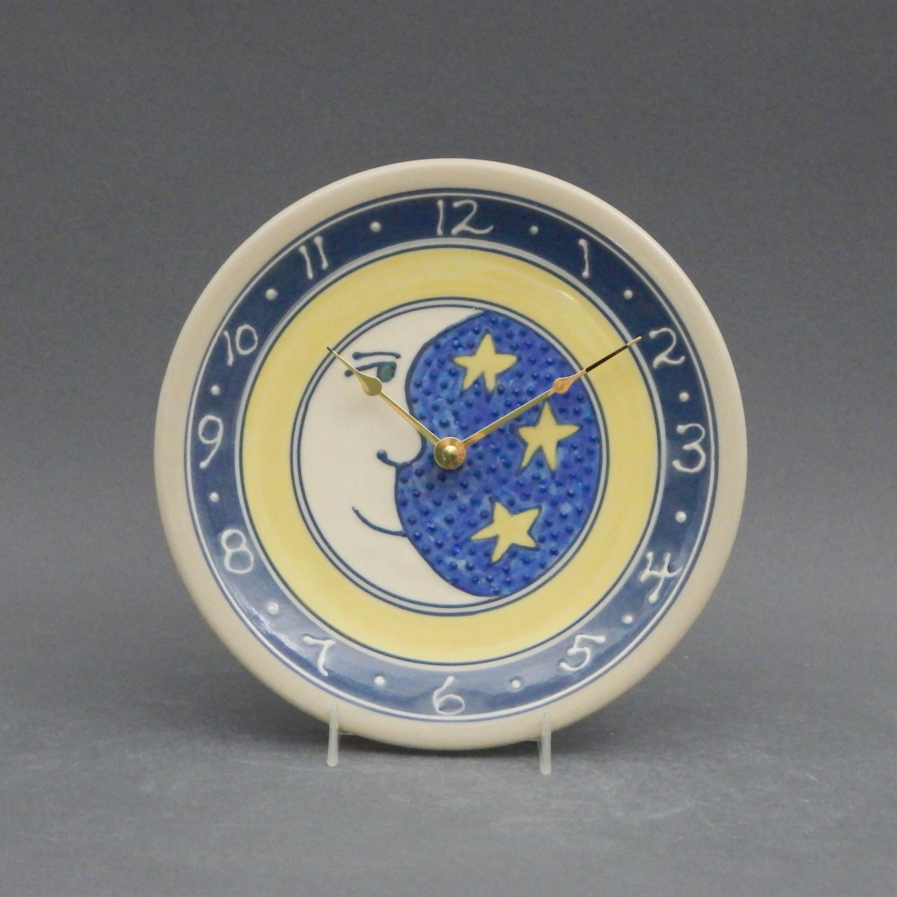 9" Large Stoneware Clock Moon and Stars Celestial Clock Yellow Border 9 ...