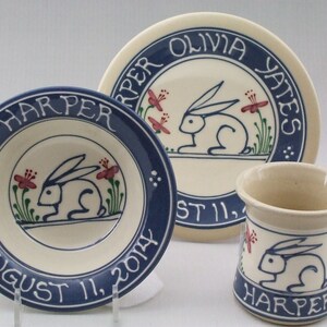 Personalized 3 Piece Baby's Set 7" Plate, Cup and Bowl Set Blue Bunny ...