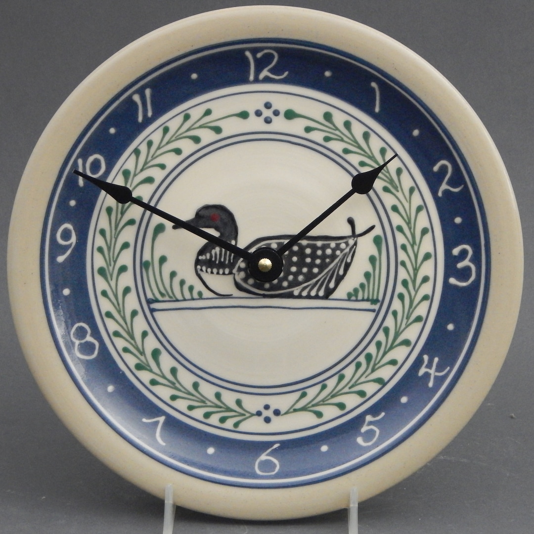 9" Large Stoneware Clock Loon With Green Accents 9.5" Diameter - Etsy