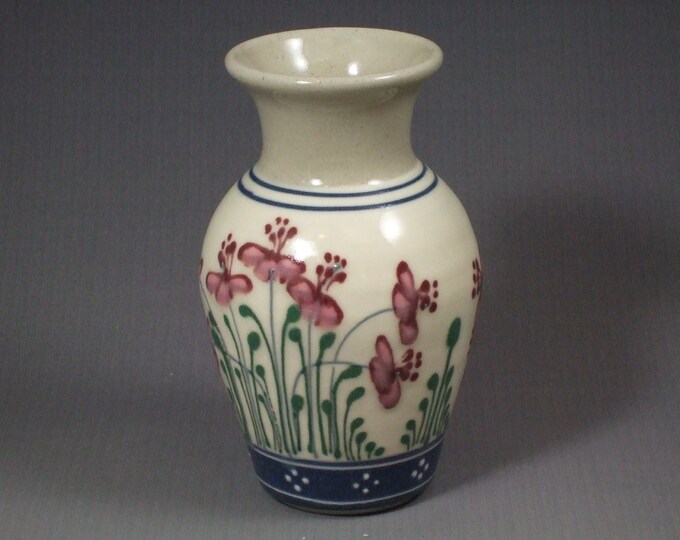 Small Stoneware Vase Red and Pink Flowers With Blue Banding - Etsy