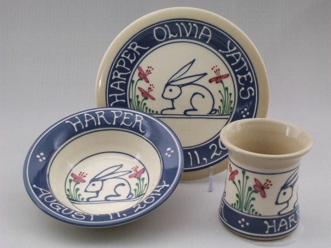 Personalized 3 Piece Baby's Set 7" Plate, Cup and Bowl Set Blue Bunny ...