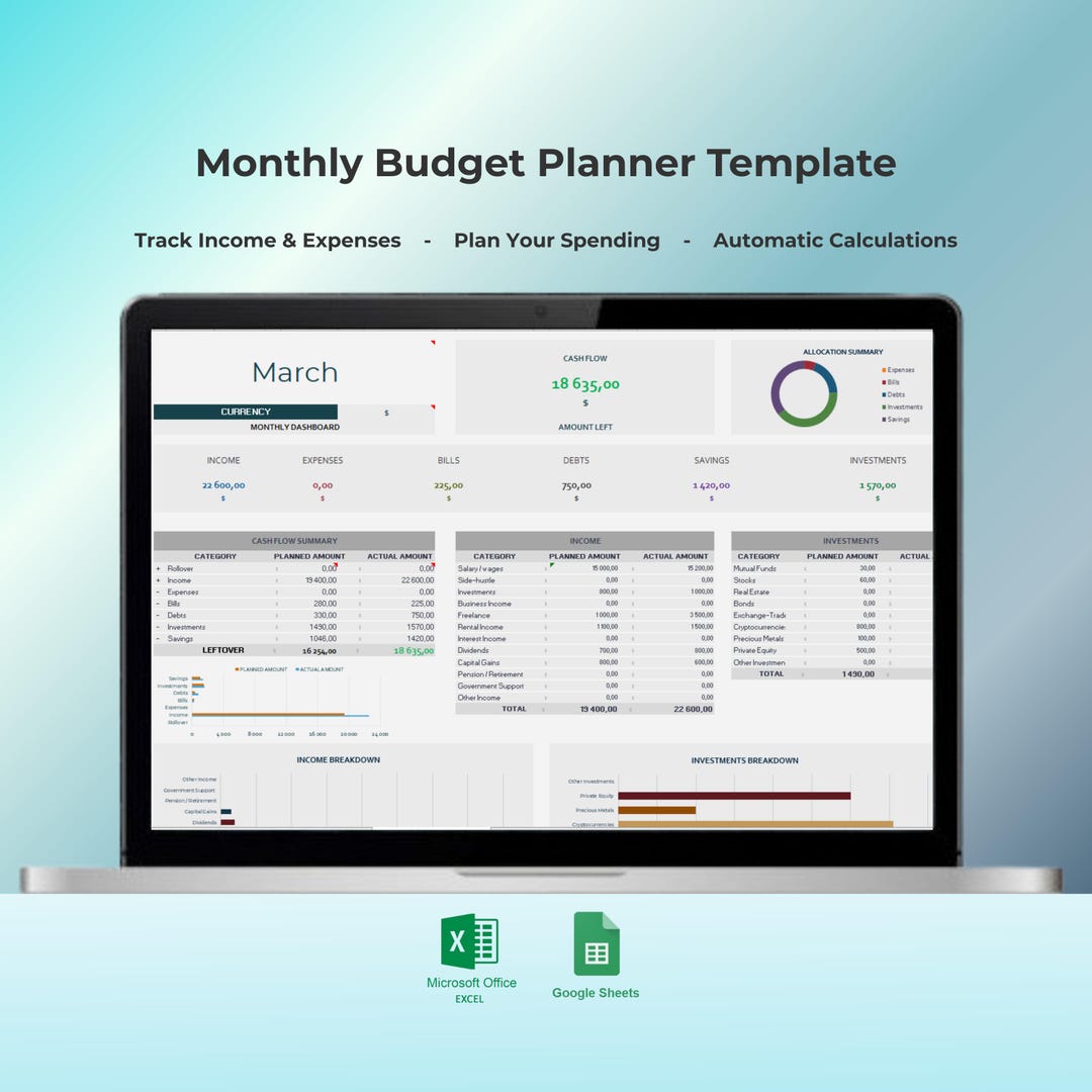 Monthly Budget Planner Excel & Google Sheets Template | Personal ...