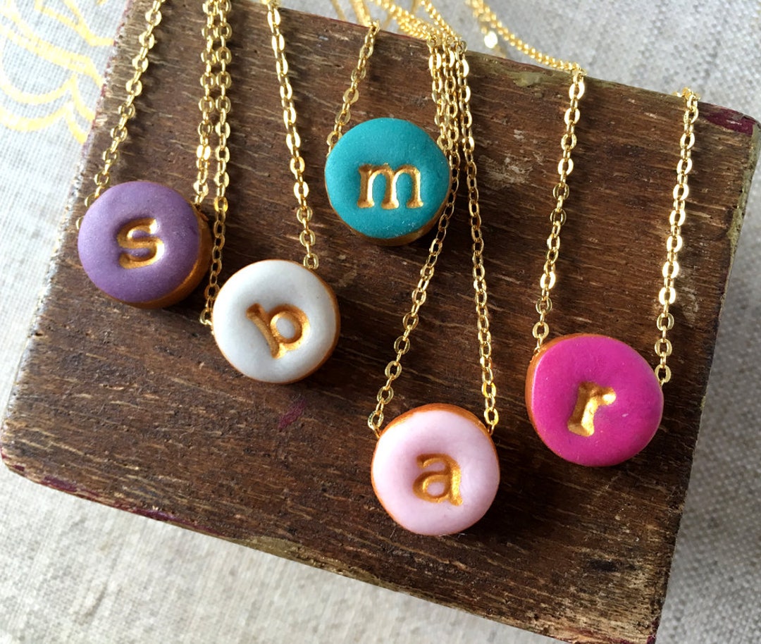 Custom Initial Necklace: Stamped Clay Medallion, Gold Plated Chain - Etsy