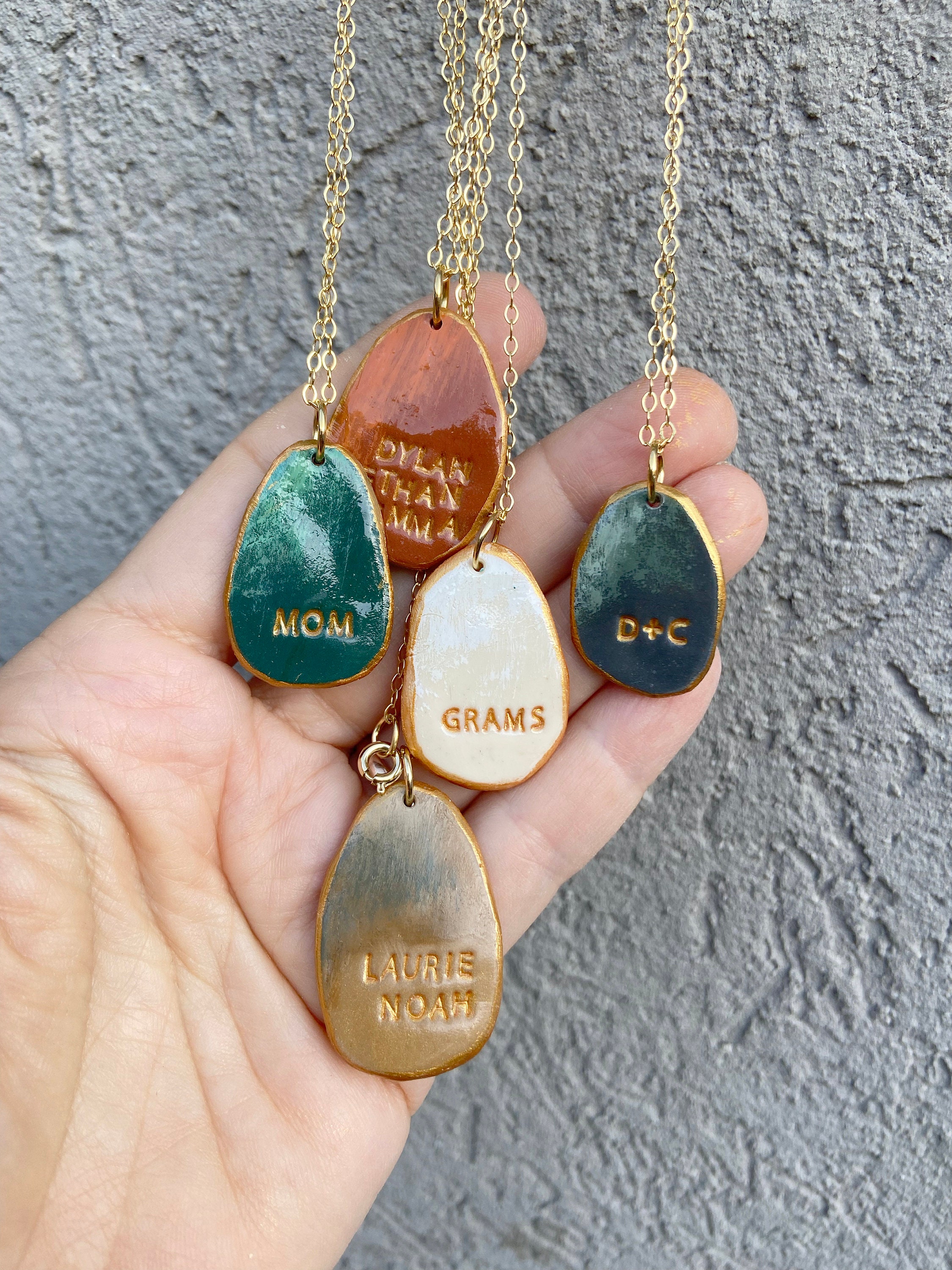Personalized Family Necklace: Handmade Stamped Clay Pendant, Gold Chain ...