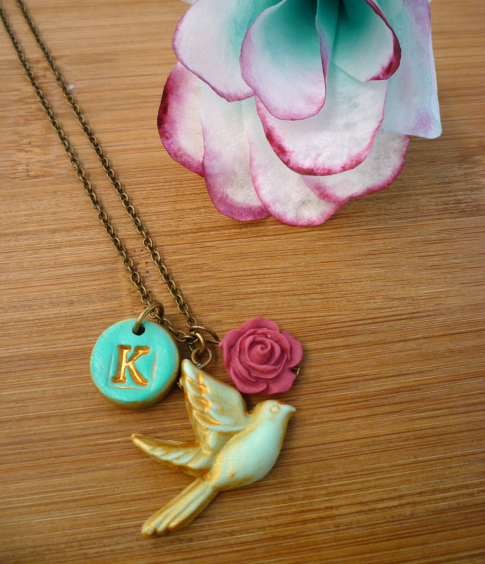 Dove and Letter Necklace: Personalized Turquoise Medallion, Handmade ...