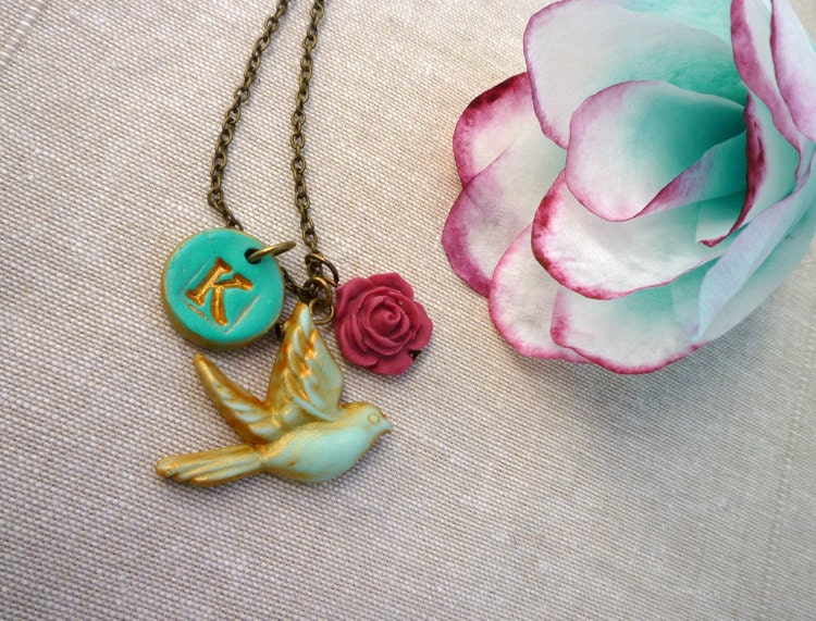 Dove and Letter Necklace: Personalized Turquoise Medallion, Handmade ...