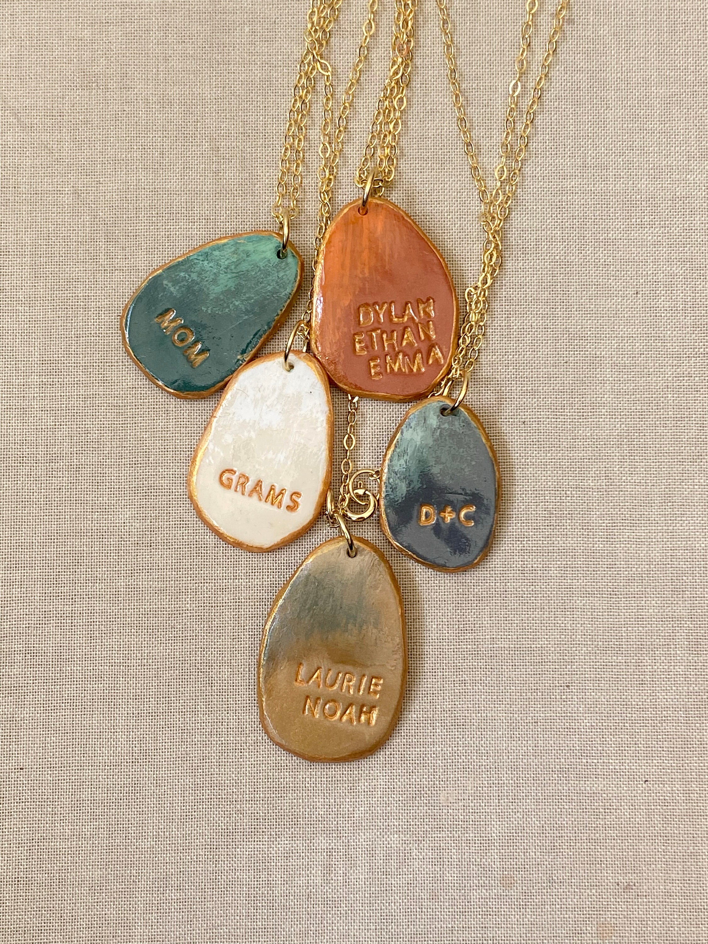 Personalized Family Necklace: Handmade Stamped Clay Pendant, Gold Chain ...