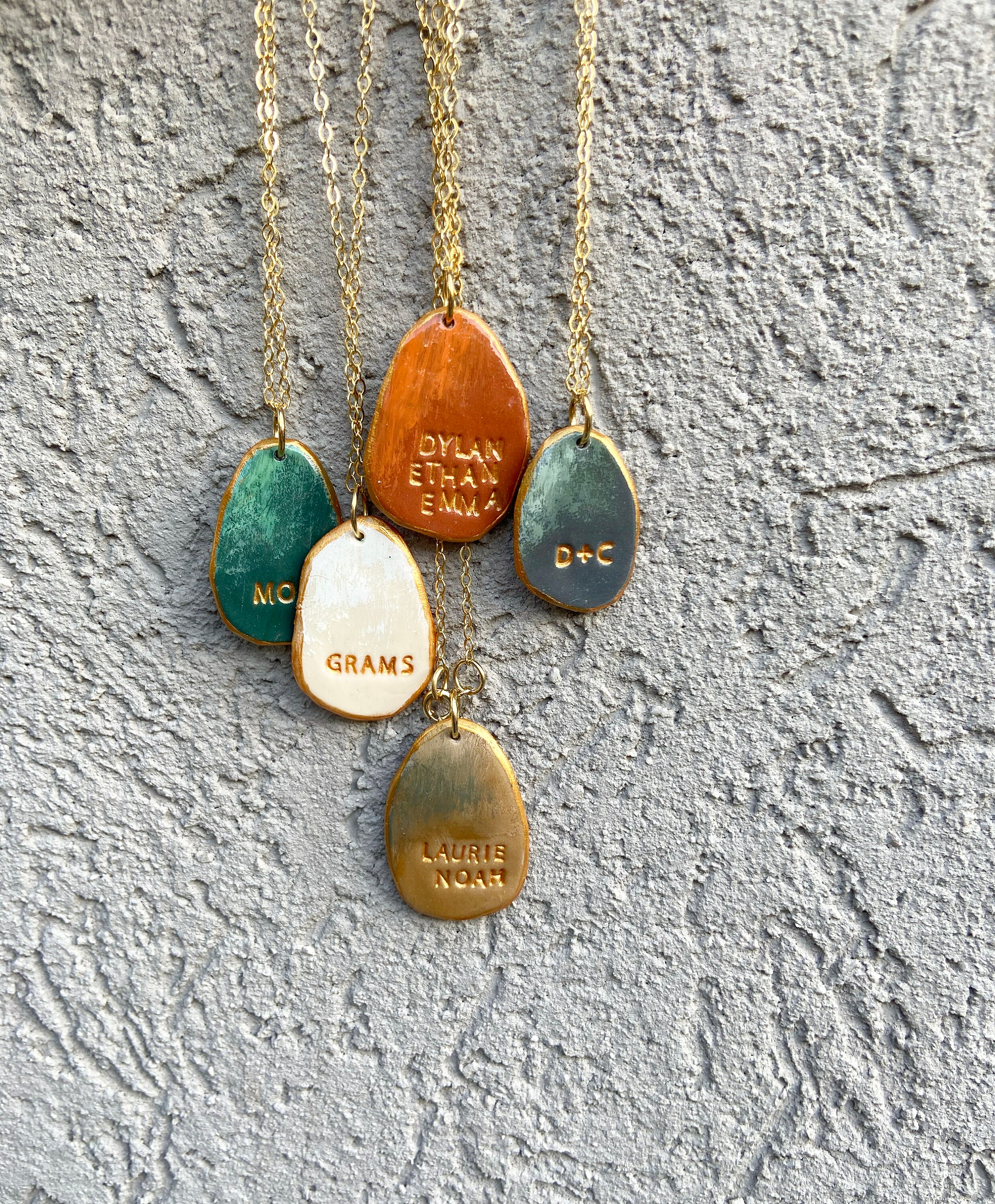 Personalized Family Necklace: Handmade Stamped Clay Pendant, Gold Chain ...