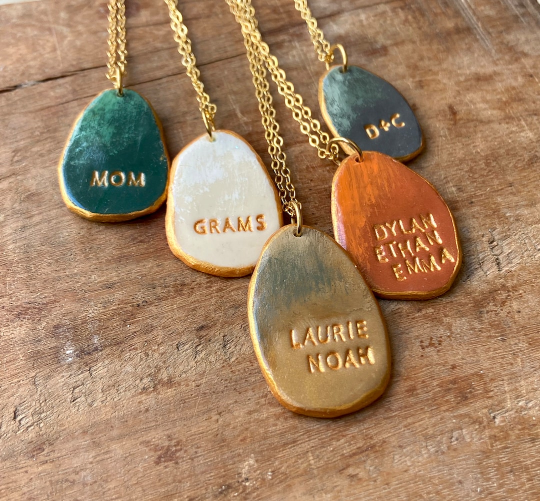 Personalized Family Necklace: Handmade Stamped Clay Pendant, Gold Chain ...