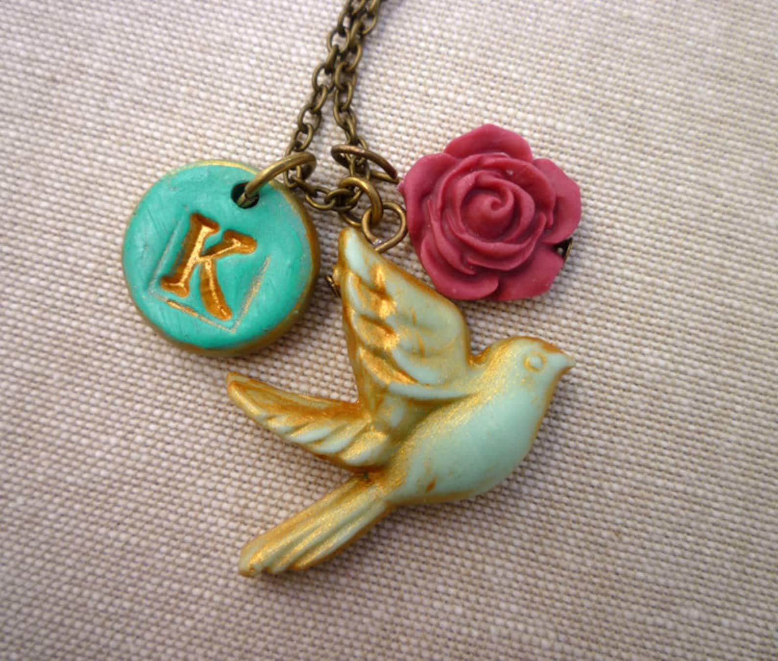 Dove and Letter Necklace: Personalized Turquoise Medallion, Handmade ...