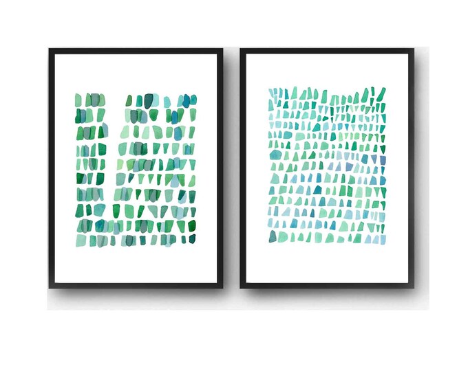 Abstract Watercolor Paintings, Blue Green Painting Set of Two ...