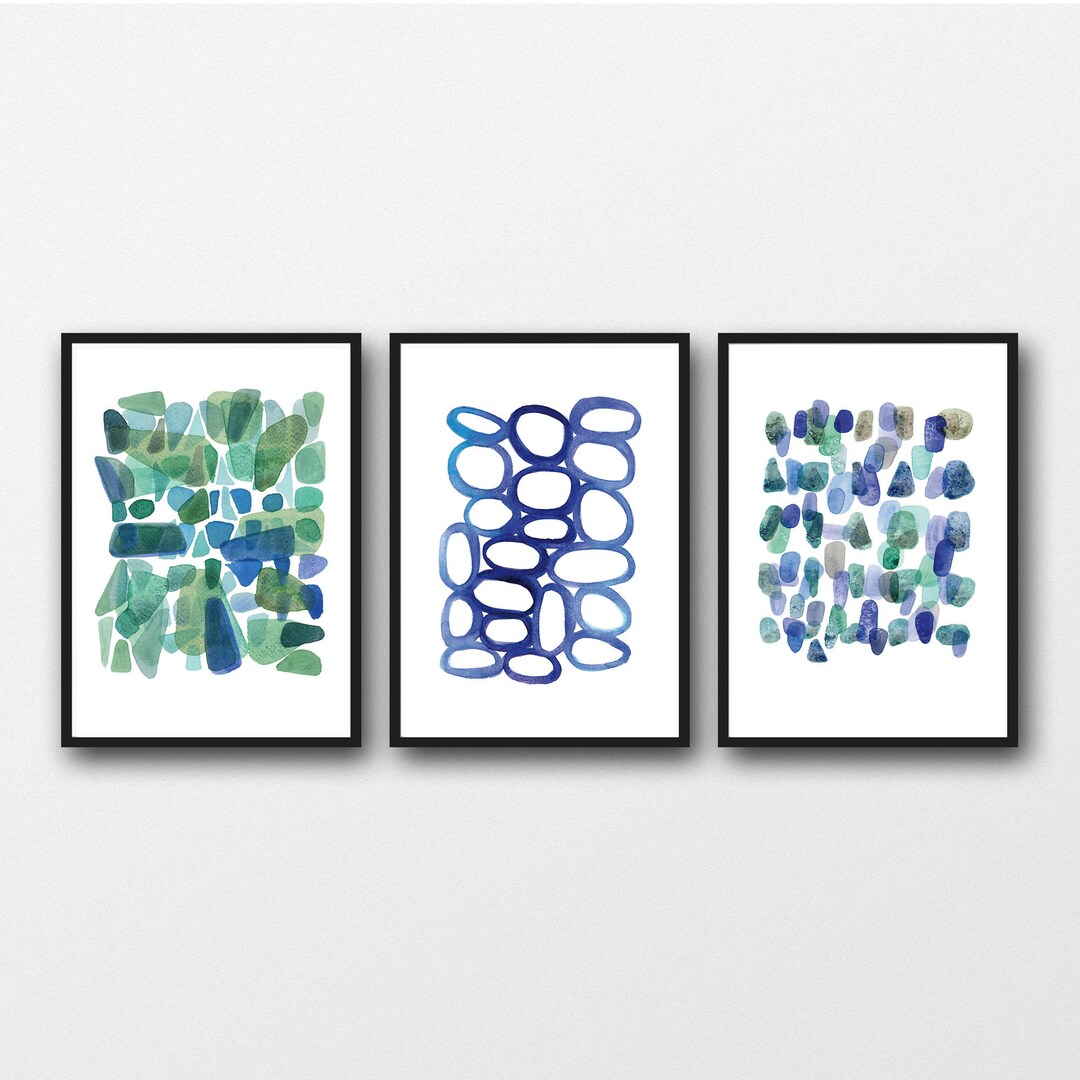 Wall Art Set of 3 Prints, Watercolor Paintings Set Blue Green ...