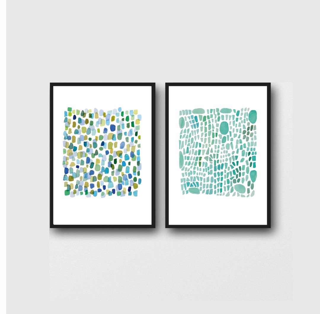 Nautical Prints, Sea Glass Art, Set of 2 Blue Green Abstract Watercolor ...