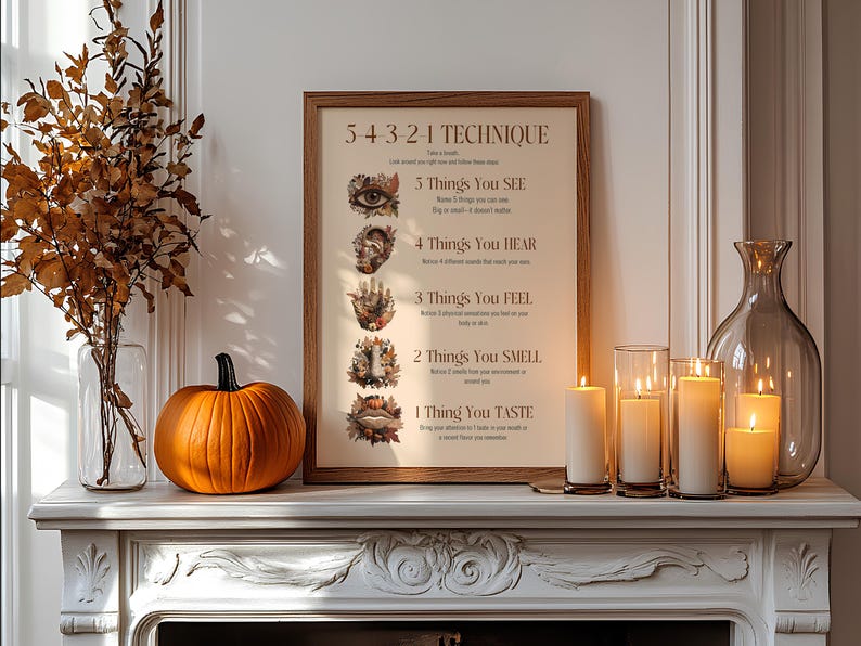 5-4-3-2-1 Grounding Technique Poster: Fall Therapy Office Decor ...