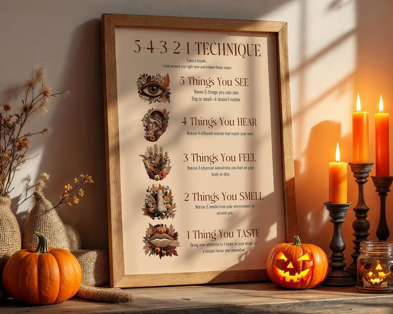 5-4-3-2-1 Grounding Technique Poster: Fall Therapy Office Decor ...