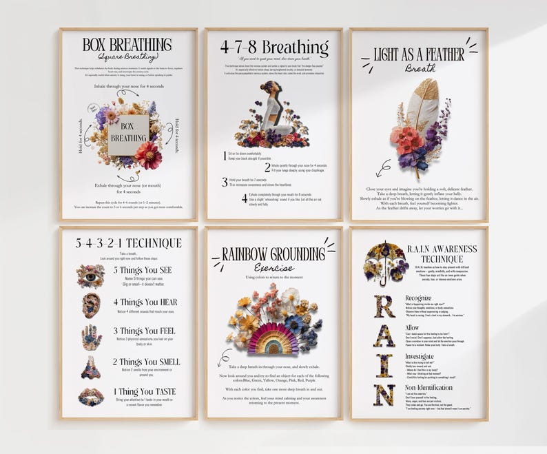 Mental Health Poster Bundle: Breathing Techniques, Grounding Exercises ...