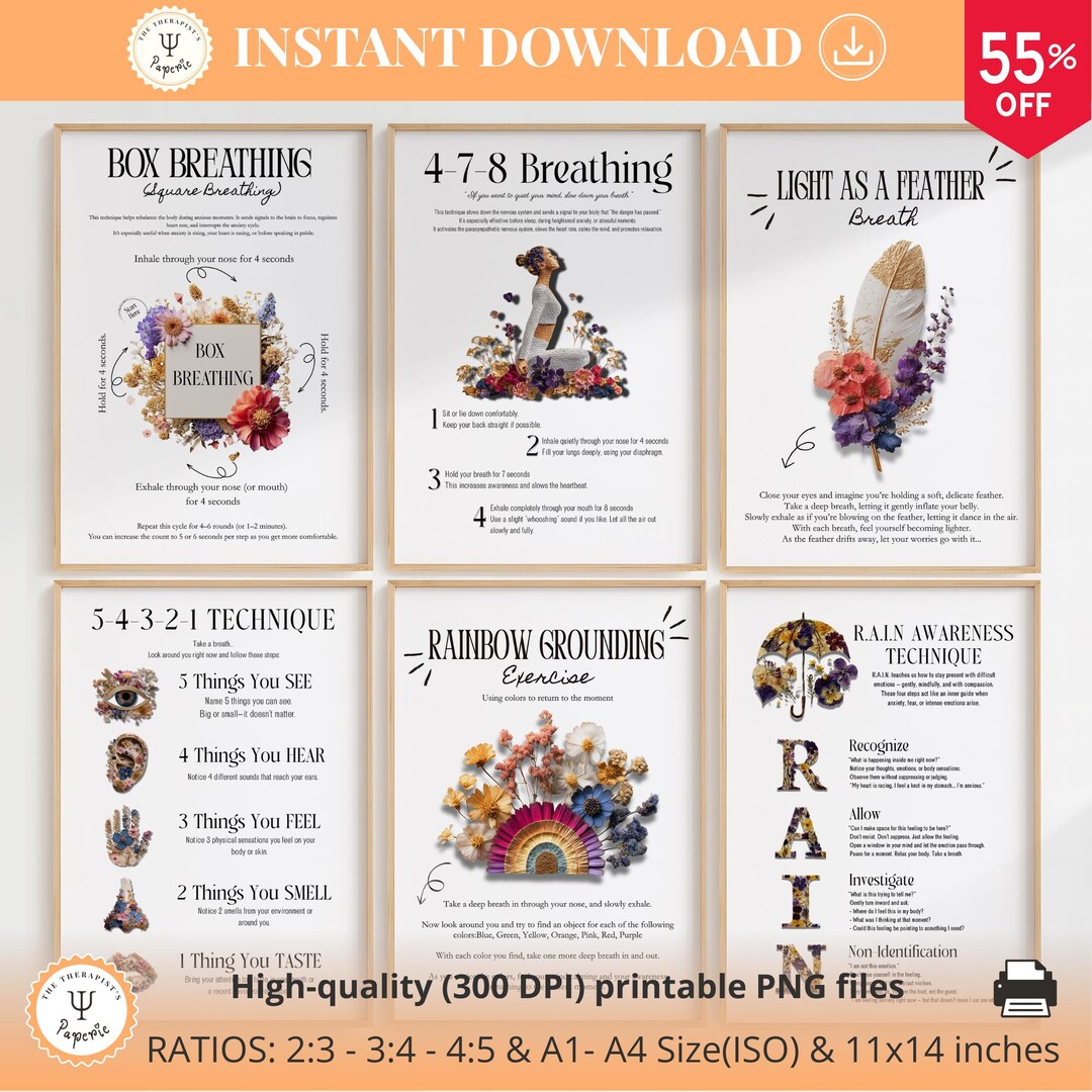 Mental Health Poster Bundle: Breathing Techniques, Grounding Exercises ...