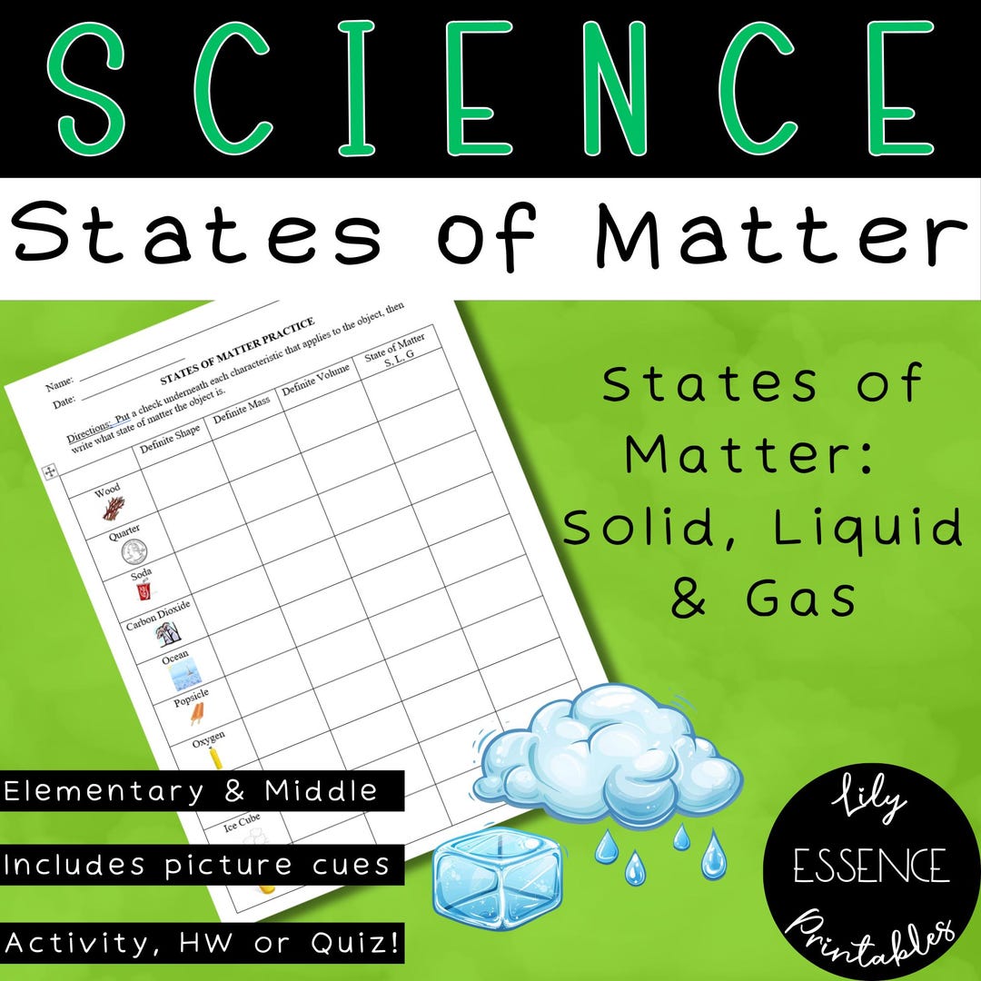 States of Matter Worksheet for Kid, Instant Download, Solid Liquid Gas ...
