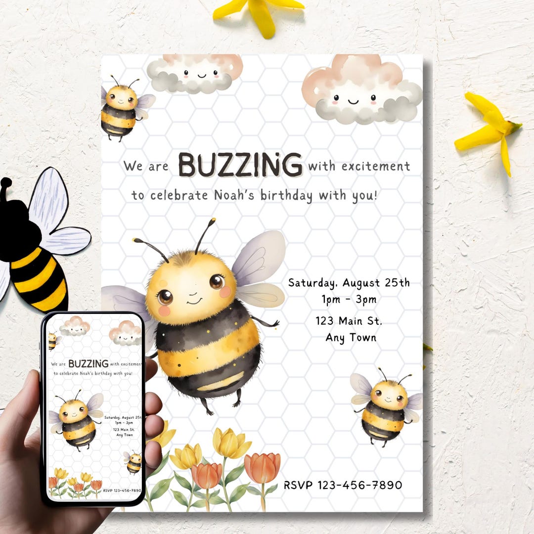 Bumblebee Birthday Party Invitation Template: Editable Canva E-invite ...