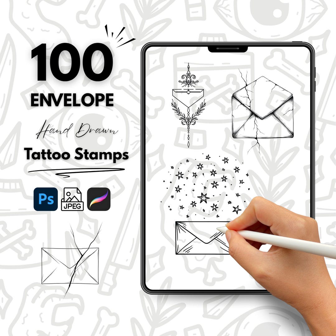 100 Envelope Hand Drawn Tattoo Stamps, Procreate Tattoo Brushes ...