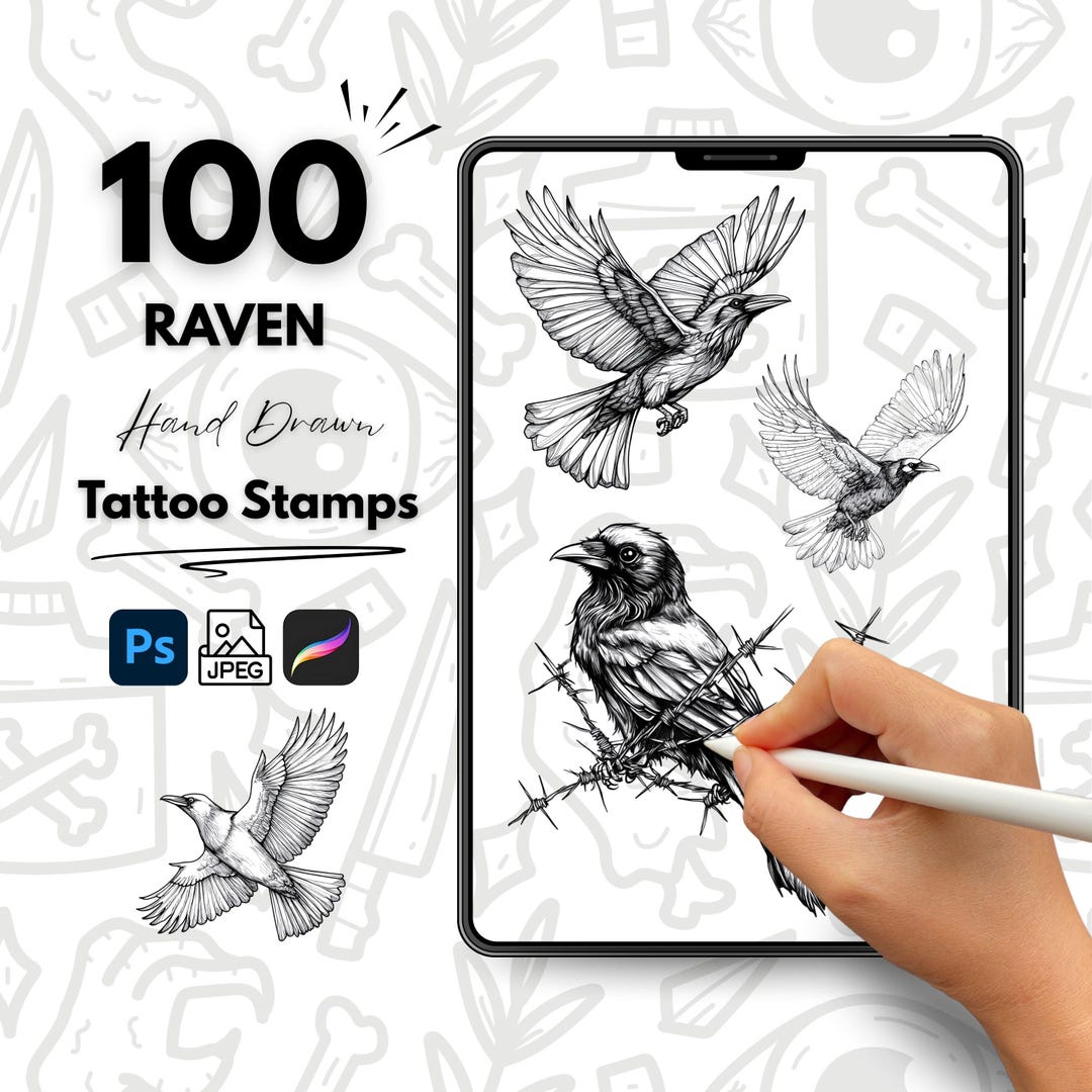 100 Raven Hand Drawn Tattoo Stamps, Procreate Tattoo Brushes, Photoshop ...