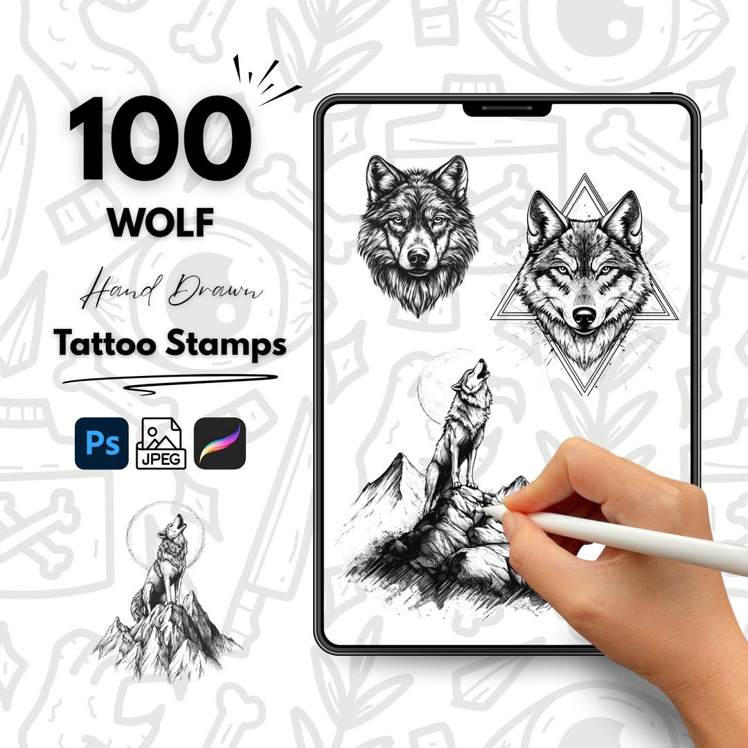 100 Wolf Hand Drawn Tattoo Stamps, Procreate Tattoo Brushes, Photoshop ...